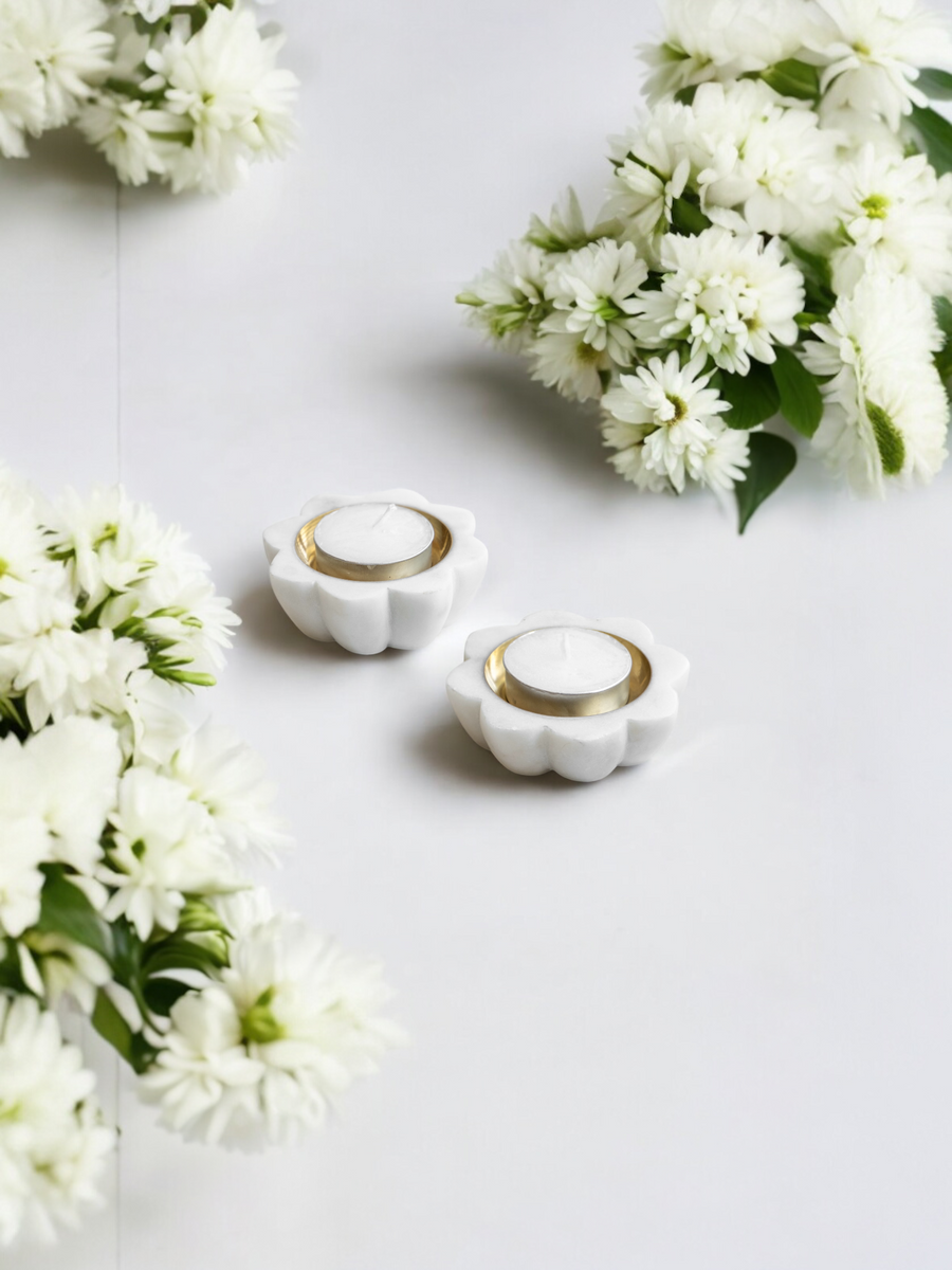 Marble Flower Diya For Diwali (Set of 2)